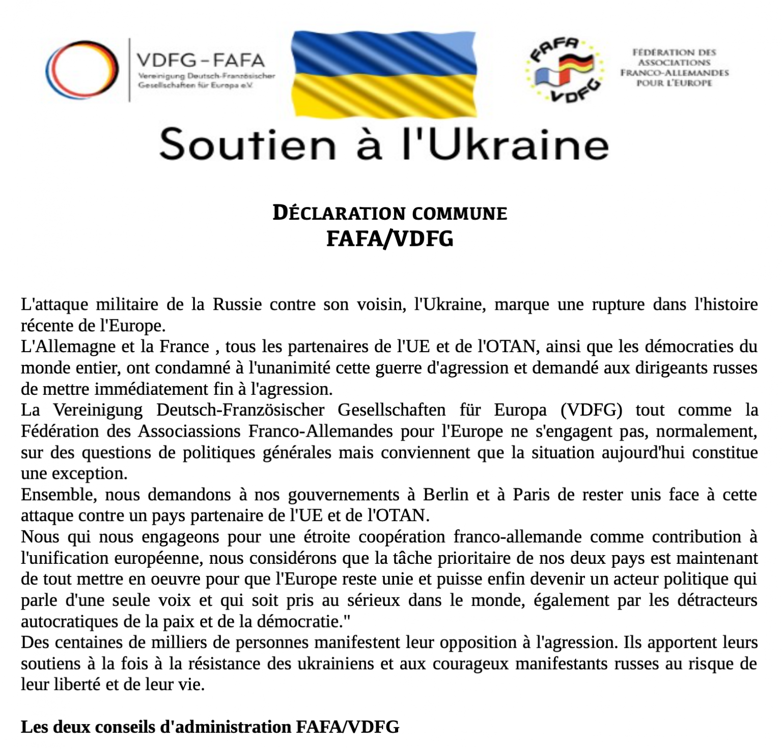 Déclaration commune de la FAFA et de la VDFG. 🇺🇦 – comité de jumelage ...